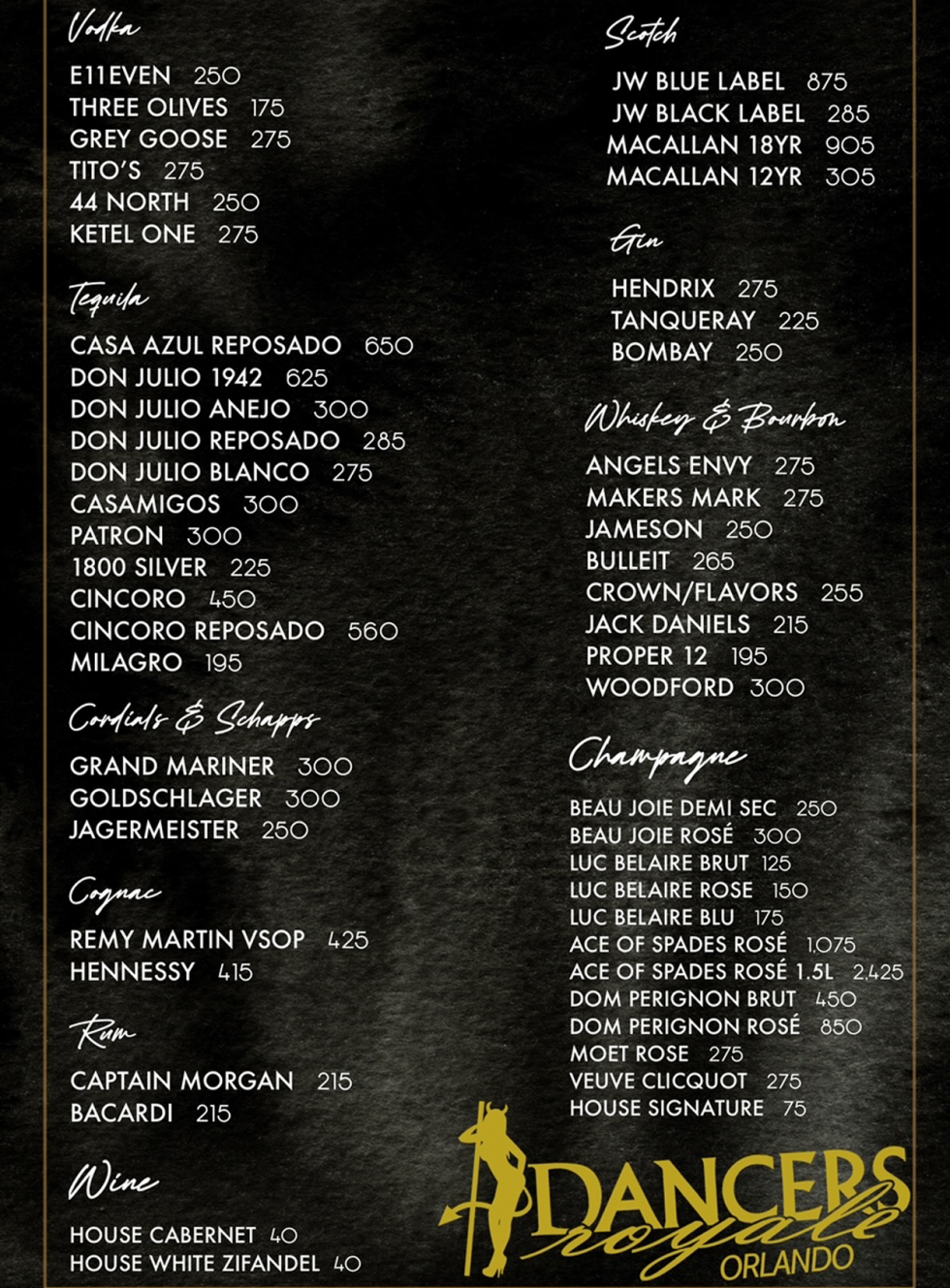 Bottle Service Pricing - Dancer's Royale